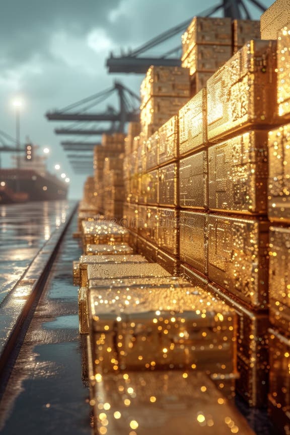 Gold Containers with Cargo on a Container Ship in the Ocean Stock Photo ...
