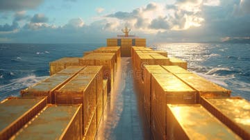 Gold Containers with Cargo on a Container Ship in the Ocean Stock Image ...