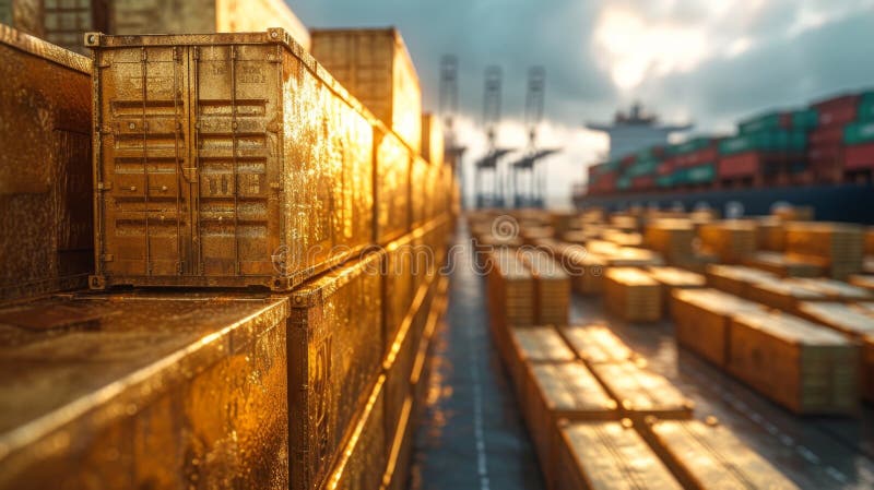 Gold Containers with Cargo on a Container Ship in the Ocean Stock Photo ...