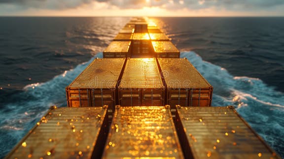Gold Containers with Cargo on a Container Ship in the Ocean Stock Photo ...