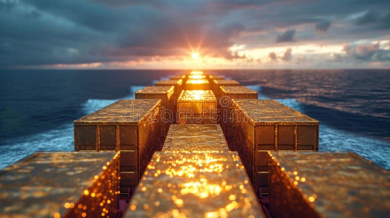 Gold Containers with Cargo on a Container Ship in the Ocean Stock Image ...