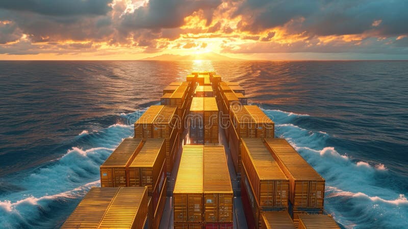 Gold Containers with Cargo on a Container Ship in the Ocean Stock Photo ...