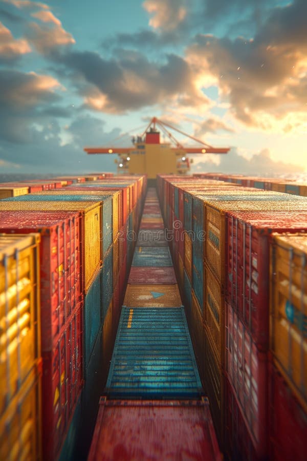 Gold Containers with Cargo on a Container Ship in the Ocean Stock Photo ...