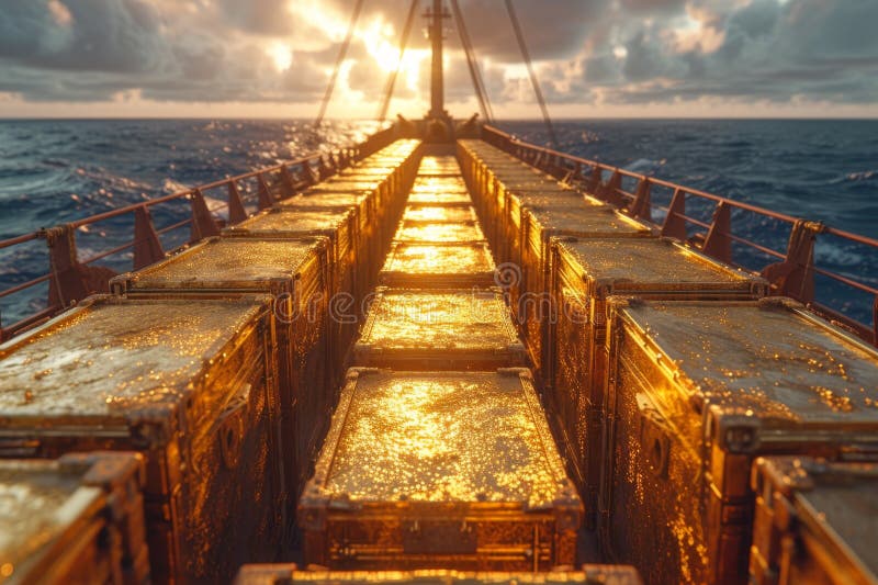 Gold Containers with Cargo on a Container Ship in the Ocean Stock Image ...