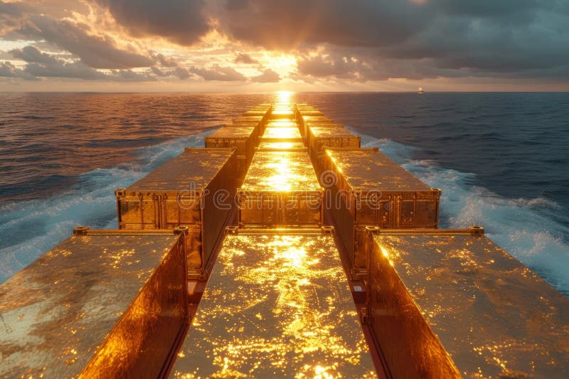 Gold Containers with Cargo on a Container Ship in the Ocean Stock Image ...