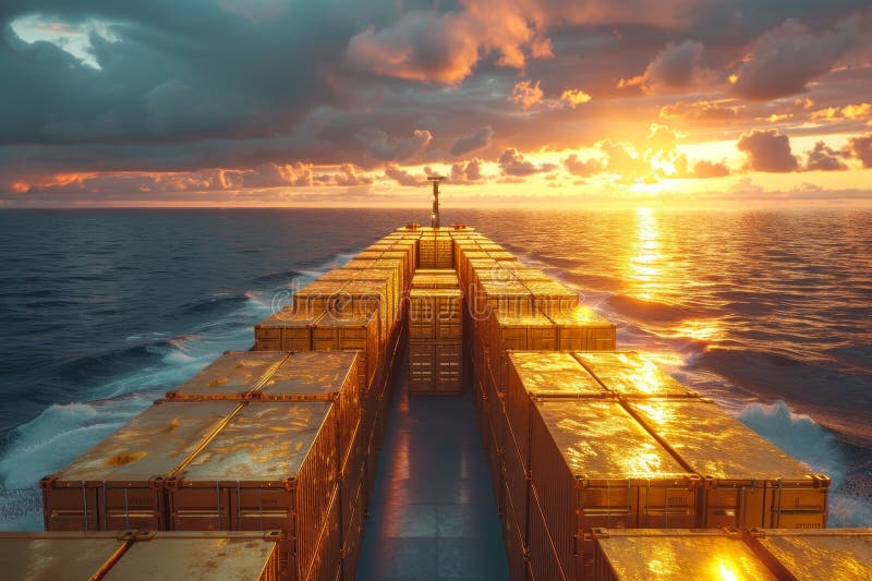 Gold Containers with Cargo on a Container Ship in the Ocean Stock Photo ...