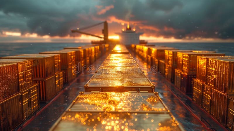 Gold Containers with Cargo on a Container Ship in the Ocean Stock Photo ...