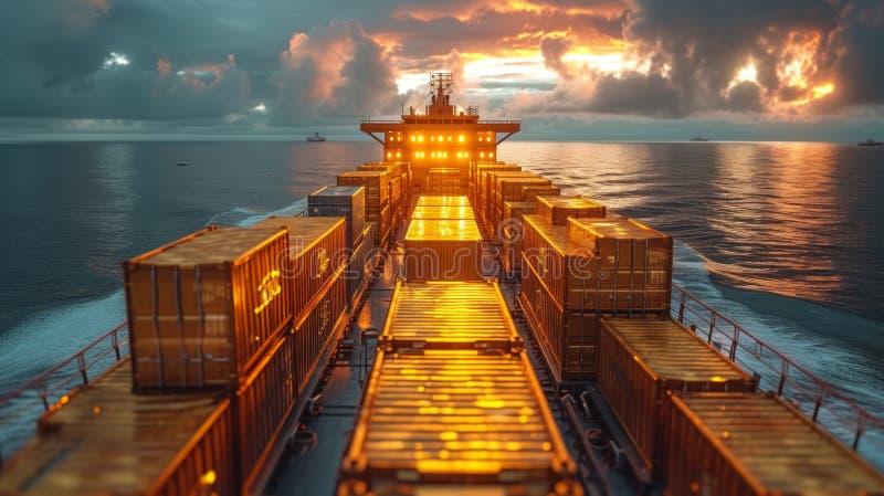 Gold Containers with Cargo on a Container Ship in the Ocean Stock Image ...