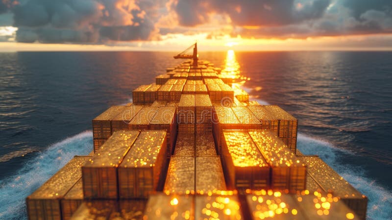 Gold Containers with Cargo on a Container Ship in the Ocean at Sunset ...