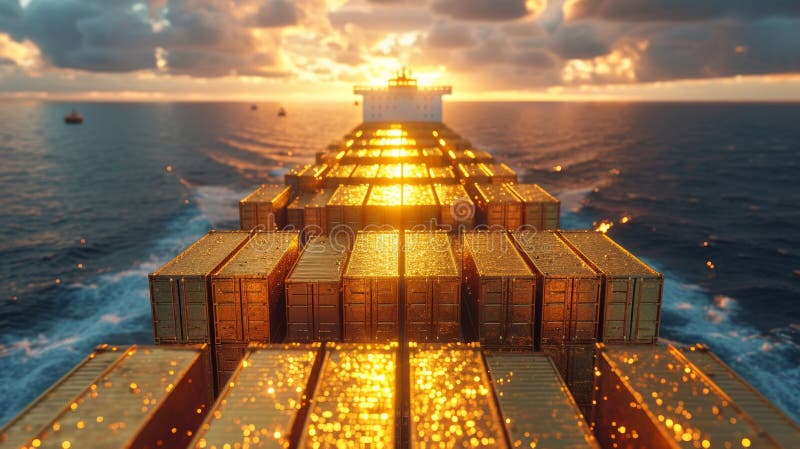 Gold Containers with Cargo on a Container Ship in the Ocean at Sunset ...