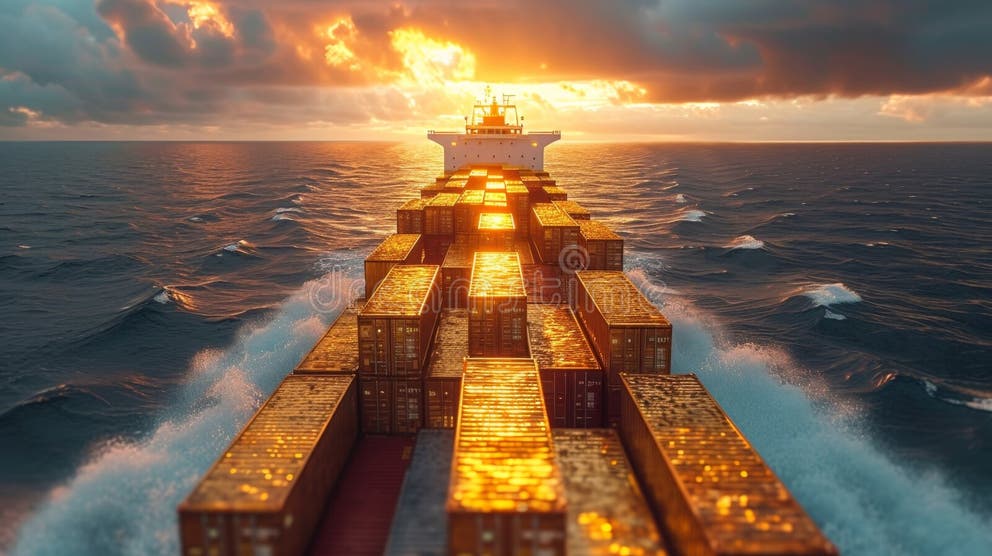 Gold Containers with Cargo on a Container Ship in the Ocean at Sunset ...