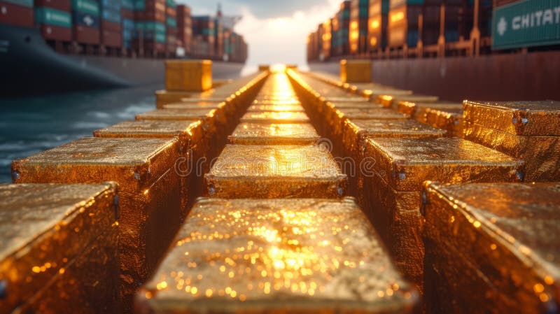 Gold Containers with Cargo on a Container Ship in the Ocean at Sunset ...