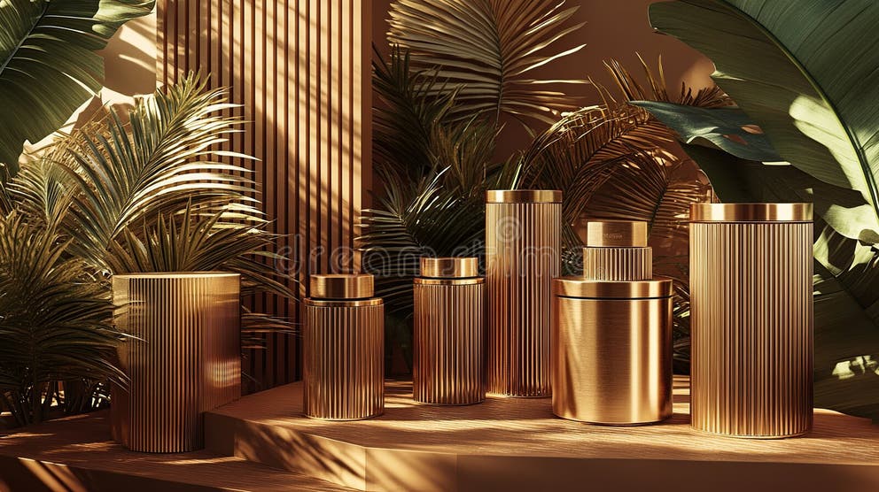 Gold Containers, Tropical Setting, Sunlight, Product Display Stock ...