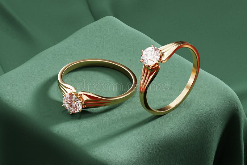 Gold Couple Diamond Rings 3D Rendering Placed on Green Cloth Stock ...