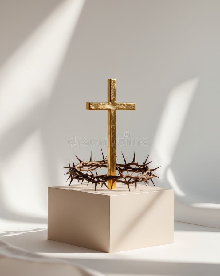 Gold Cross and Crown of Thorns on Beige Cube Stock Photo - Image of ...