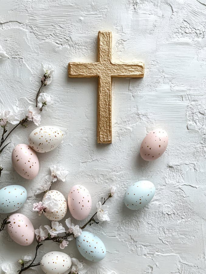 Gold Cross with Pastel Eggs and Blossoms on Textured Background. Stock ...