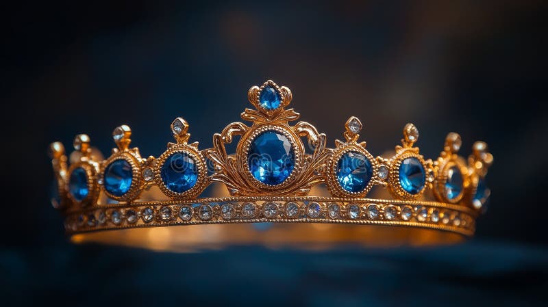 A Gold Crown with Blue Gemstones, Set Against a Dark Background Stock ...