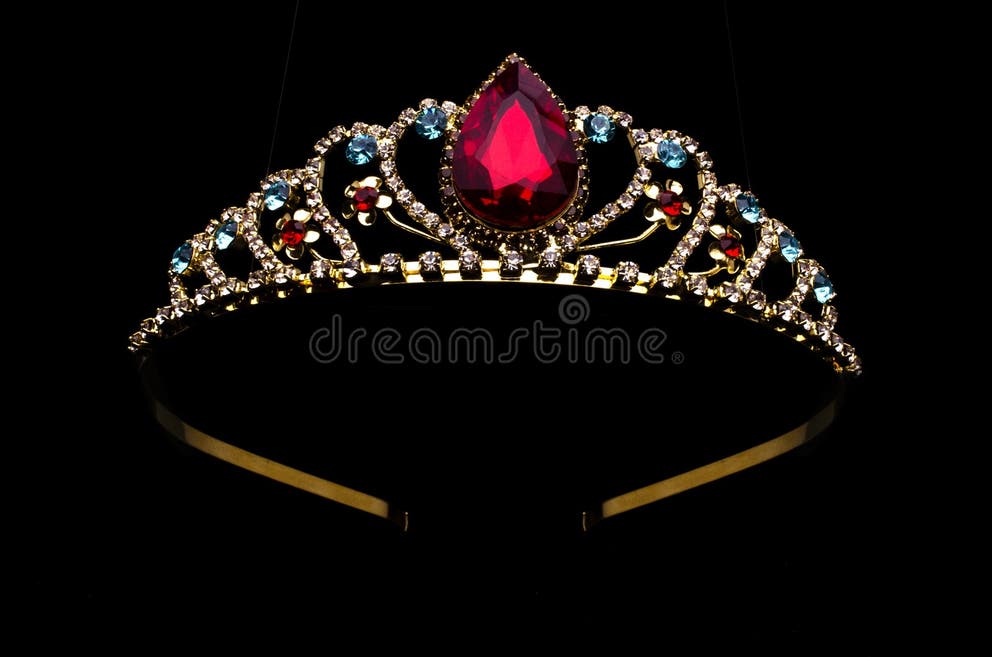 Gold Diadem with Red Ruby Stone Isolated on Black Stock Image - Image ...