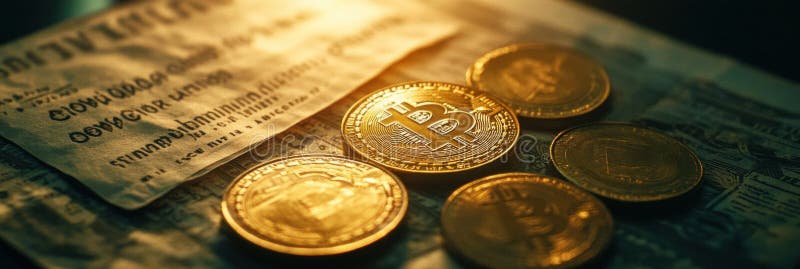 Gold Crypto Coins on Ancient Paper for Digital Assets, with Tech Theme ...