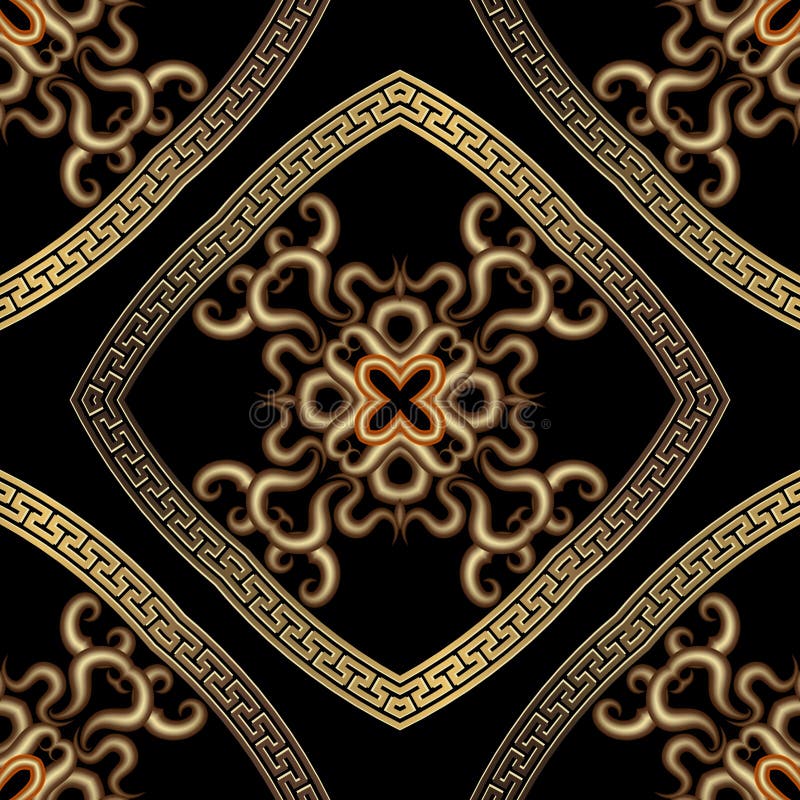 Gold 3d Floral Greek Vector Seamless Pattern. Ornamental Textured ...