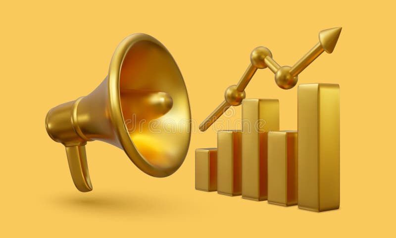 Gold 3d Growing Bars Graphic with Rising Arrow and Megaphone. Vector ...