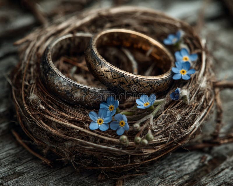 Gold and Dark Textured Wedding Rings in Bird Nest Stock Illustration ...