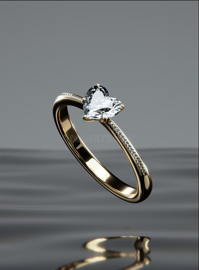 The Gold Diamond Ring Float on the Surface of the Water. Heart Diamond ...