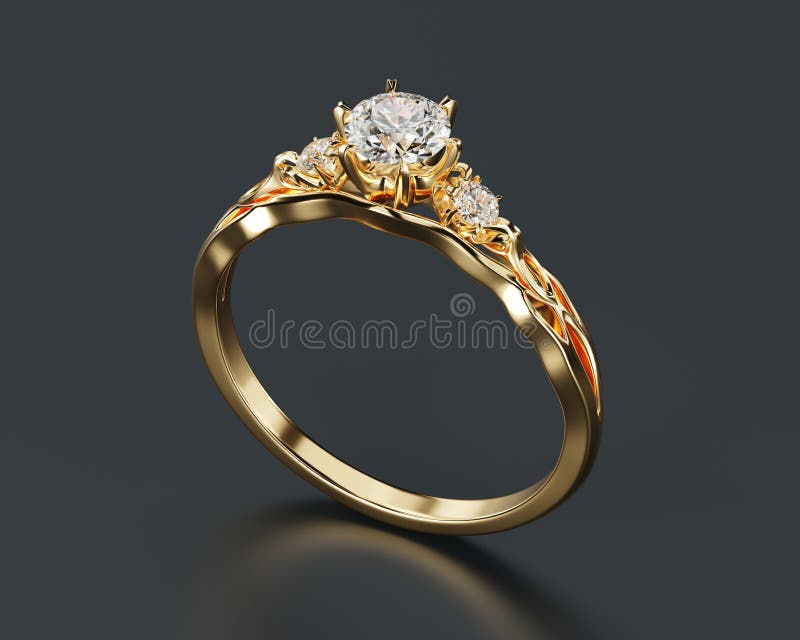 Gold Diamond Ring Isolated on Black Background, 3D Rendering Stock ...