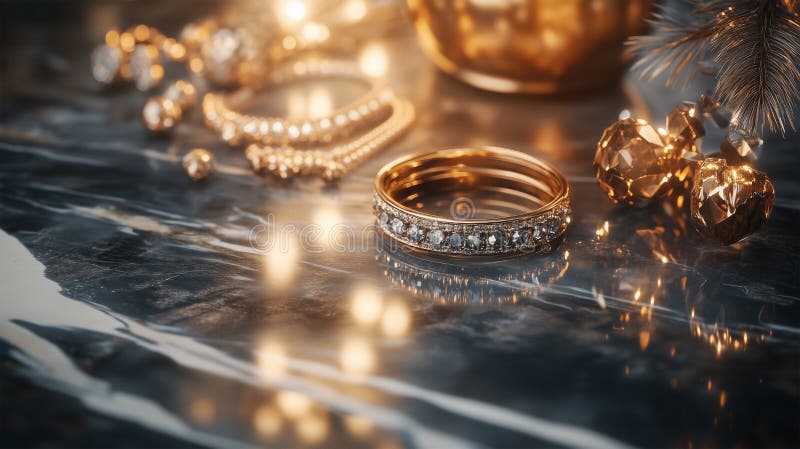 A Gold and Diamond Ring is on a Table Stock Illustration - Illustration ...
