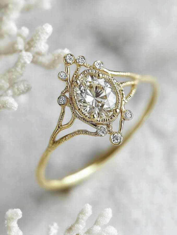 A Gold and Diamond Ring with a Tree Design Stock Illustration ...