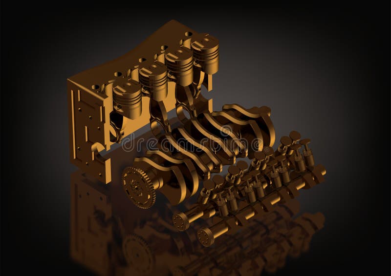 Gold Dismantled Car Engine on a Black Stock Illustration - Illustration ...