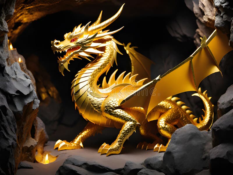 Gold Dragon in the Dark Cave Stock Illustration - Illustration of cave ...