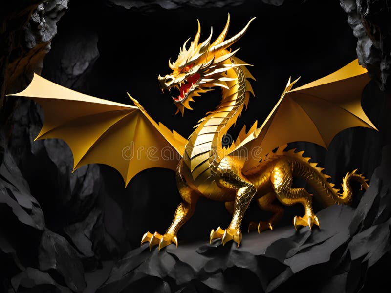 Gold Dragon in the Dark Cave Stock Illustration - Illustration of china ...