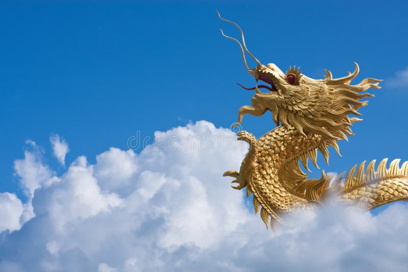 Gold Dragon Fly Over Blue Sky and Big White Cloud. Stock Image - Image ...