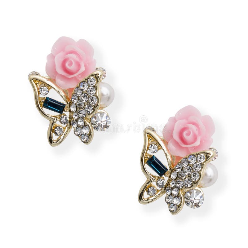 Gold Earrings with Butterfly and Rose Isolated on White Stock Image ...