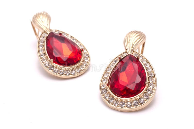 Gold Earrings with Ruby Drops Isolated on White Stock Image - Image of ...
