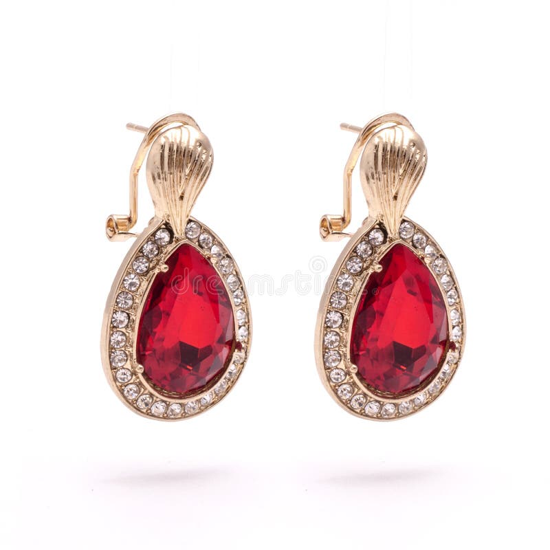 Gold Earrings with Ruby Drops Isolated on White Stock Photo - Image of ...