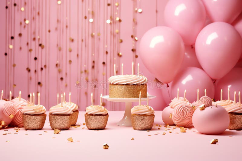 Gold Elements for Birthday Party and Cake on Pink Table, Pink Life ...