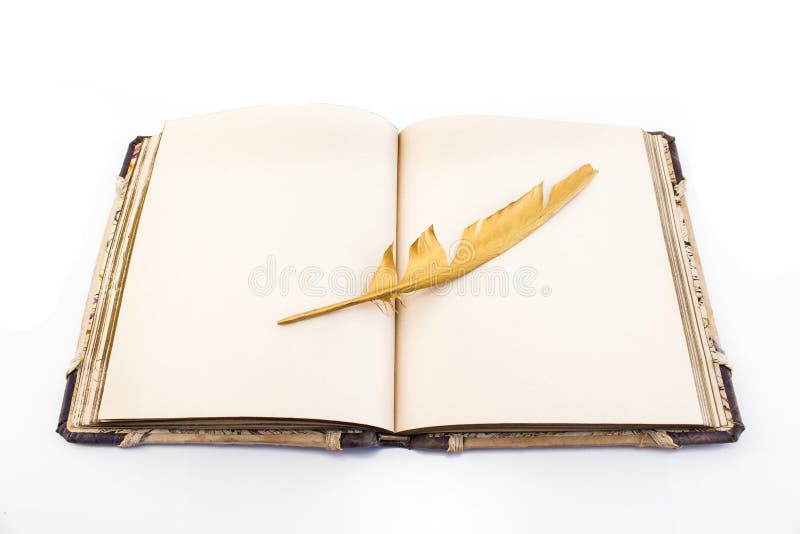 Gold Feather and Book Isolated on White Stock Image - Image of awards ...
