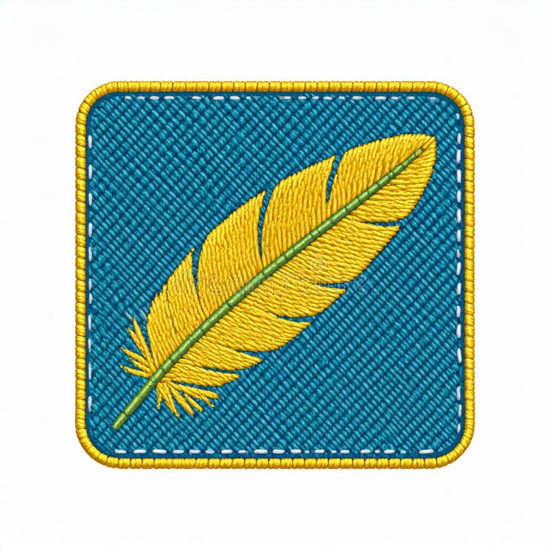 Gold Feather Embroidery Patch on Blue Fabric Stitched with a Squared ...