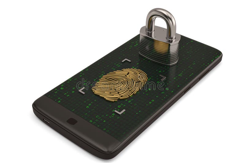 Gold Fingerprint and Lock on Smart Phone Screen. 3D Illustration Stock ...