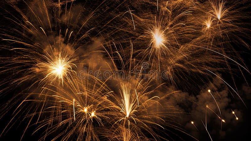 Gold Fireworks Explosion in Night Sky. Black Background. Stock Photo ...
