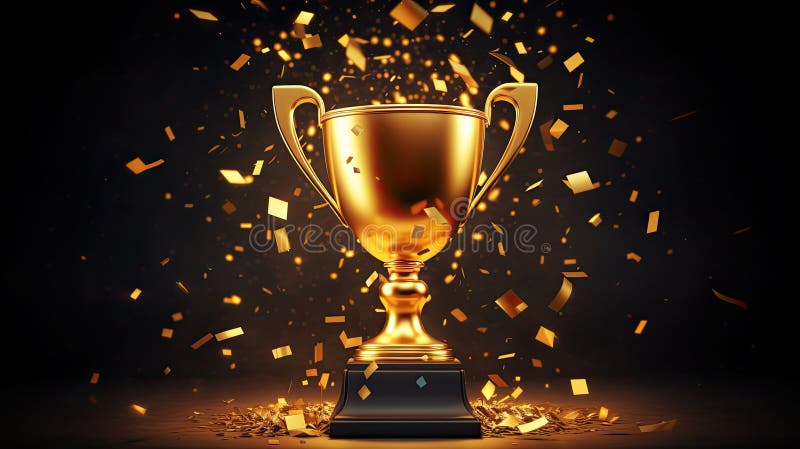 Gold First Place Winners Trophy with Confetti Stock Illustration ...