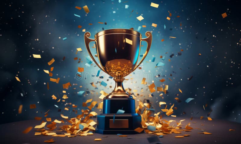 Gold First Place Winners Trophy with Falling Confetti and Streamers ...