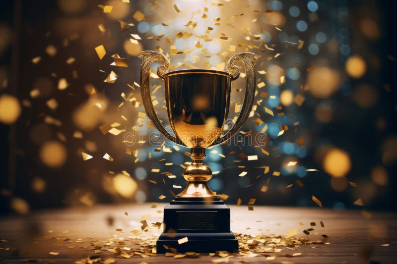 A Winners Champion Trophy with Glowing Neon Lighting and Falling ...