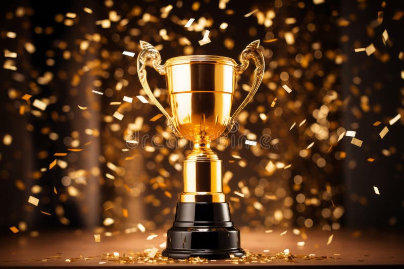 Gold First Place Winners Trophy with Falling Confetti and Streamers ...
