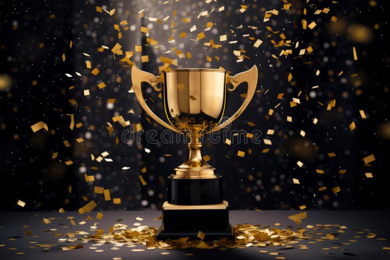 Gold First Place Winners Trophy with Falling Confetti and Streamers ...