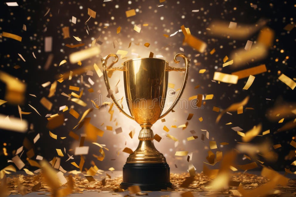 Gold First Place Winners Trophy with Falling Confetti and Streamers ...