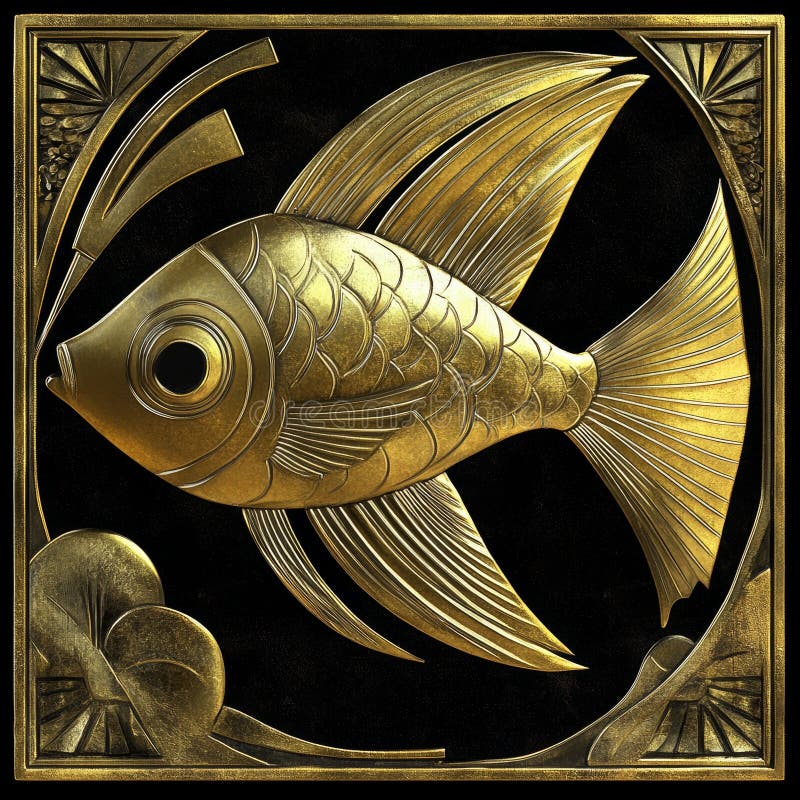 Gold Fish on a Black Background with Decorative Elements. 3d ...
