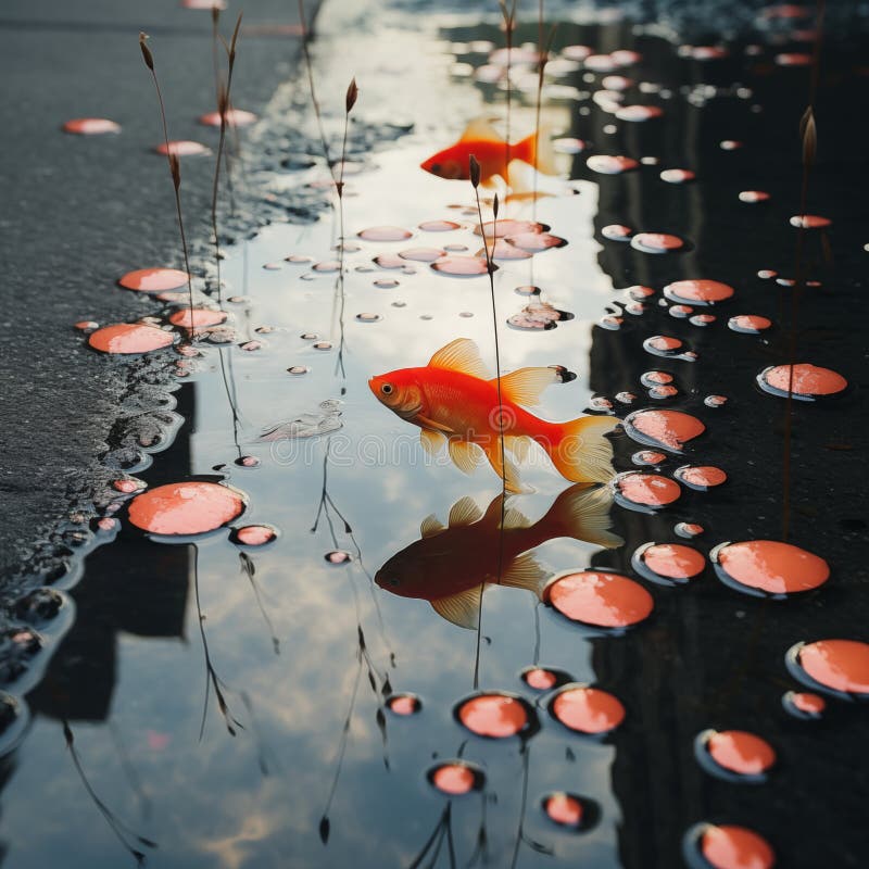Gold Fish and Bubbles on a Puddle Stock Illustration - Illustration of ...